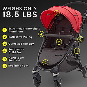 Jeep Gemini Stroller by Delta Children - Full of Features: Easy One-Hand Fold, Recline, Lightweight, Oversized Canopy, 2 Cup Holders, Shock Absorbing Frame, Grey Tweed with Red