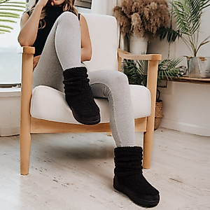 HomeTop Women's Bootie Slippers Fuzzy Warm Memory Foam Indoor House Shoes with Non-slip Rubber Soles (9-10, Black)