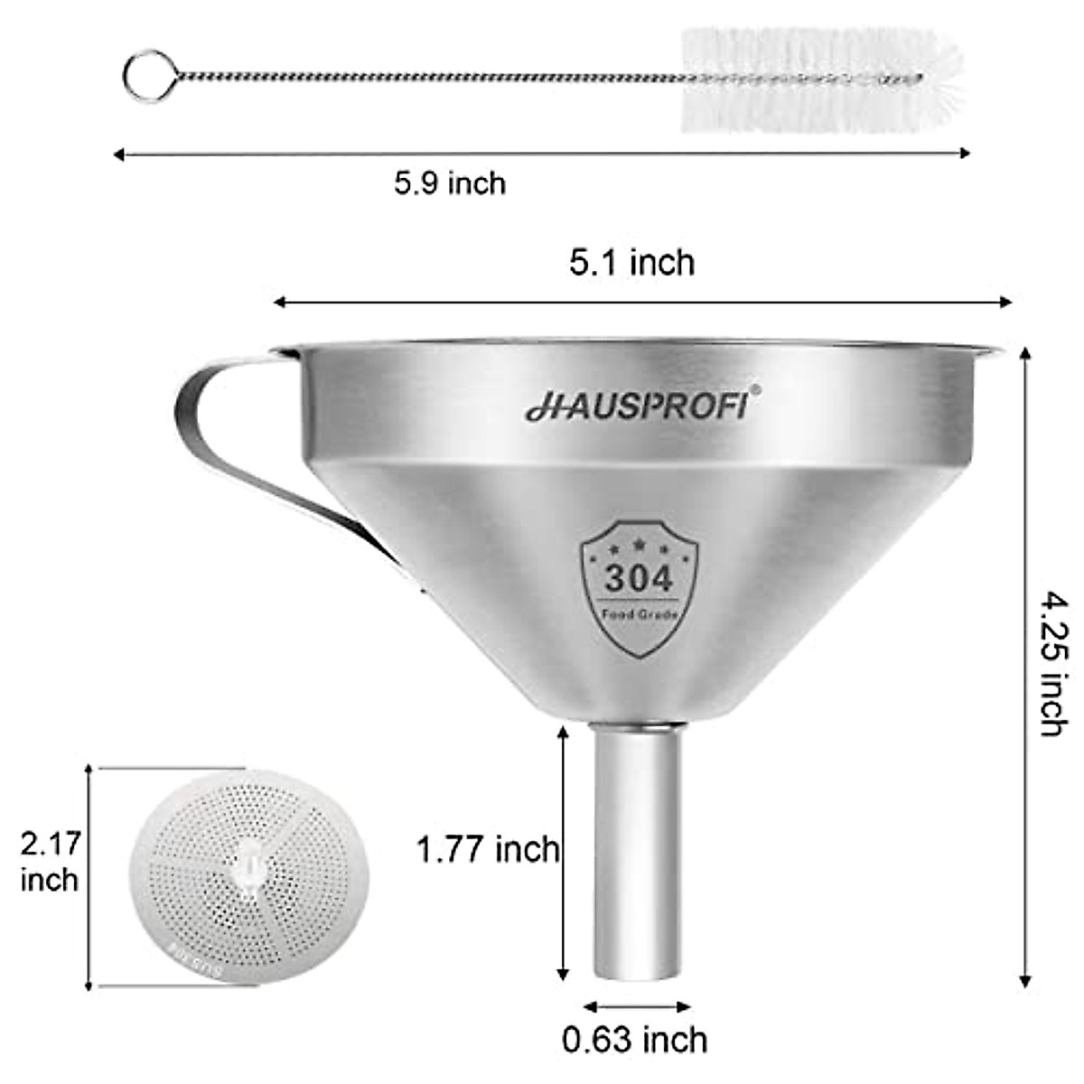 HAUSPROFI Stainless Steel Funnel, 5.1 inch 304 Stainless Steel Kitchen Funnel with 200 Mesh Food Filter Strainer,Metal Funnel for Filling Bottles Transferring Liquids, Oil, Making Jam