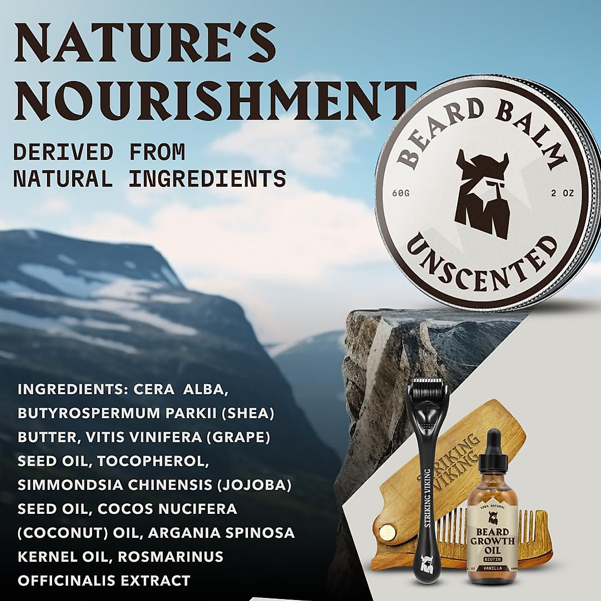 Striking Viking Beard Balm for Men - Unscented Leave-In Conditioner & Styling Balm with Naturally Derived Beard Butter, Argan & Jojoba Oils, 2 Ounce (Pack of 1)