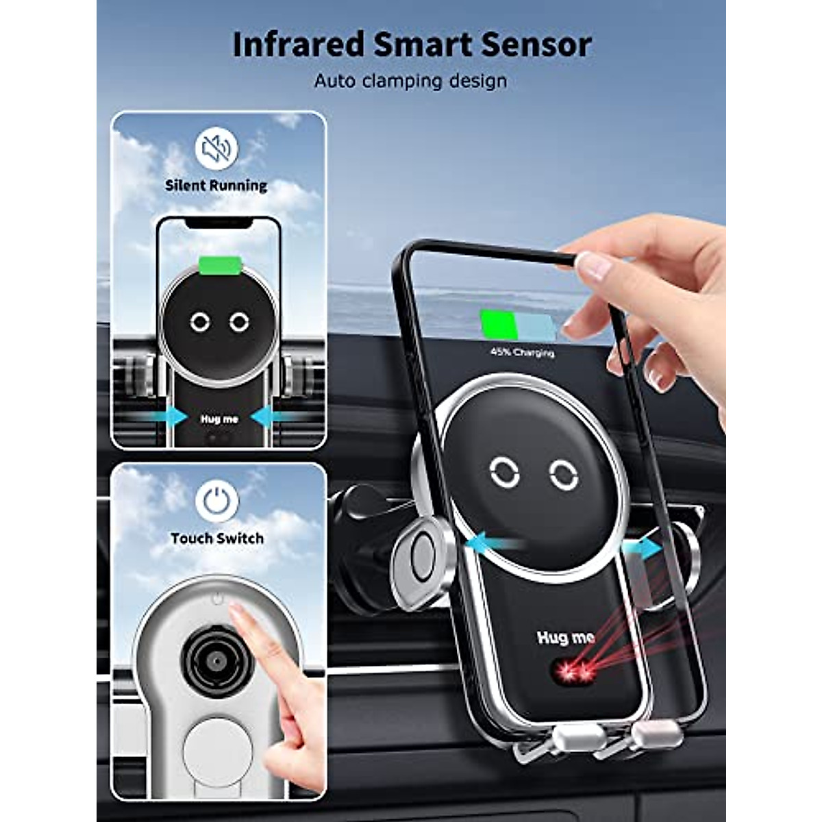 BENBOAR Car Wireless Charger Holder, [Hug me] Astronaut Car Phone Holder Mount, 15W Charging Smart Sensor Auto-Clamping Phone Mount for Car Air Vent for iPhone Samsung Google LG etc Smartphone, Silver