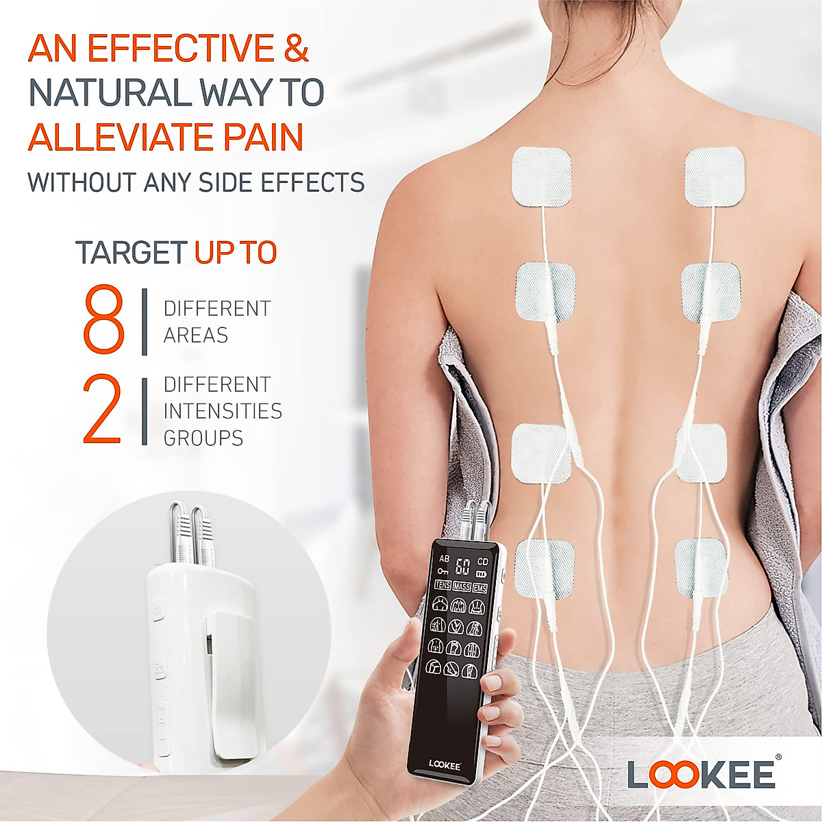 LOOKEE 4-Channel TENS Unit Muscle Stimulator for Pain Relief Therapy - Premium LED EMS Muscle Stimulator with 36 Mode & 40 Intensity Levels - Rechargeable TENS Machine FSA/HSA Eligible