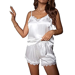 SOLY HUX Women's Silk Satin Pajamas Sets Soft Comfy Cami Shorts Sleepwear Sexy Pjs Set White M