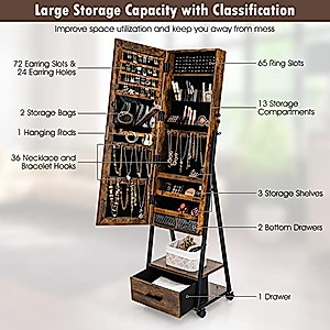 CHARMAID Rolling Jewelry Cabinet with Full Length Mirror, Lockable Standing Jewelry Armoire with Wheels, Steel Legs, Lipstick Brush Storage, Jewelry Organizer Box with Drawers (Rustic Brown)