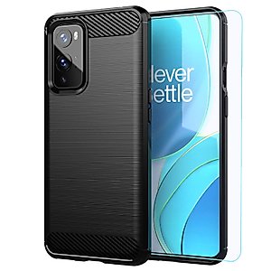 Oneplus 9 case,1+ 9 case with HD Screen Protector,M MAIKEZI Soft TPU Slim Fashion Non-Slip Protective Phone Case Cover for Oneplus 9/1+ 9 (Black Brushed TPU)
