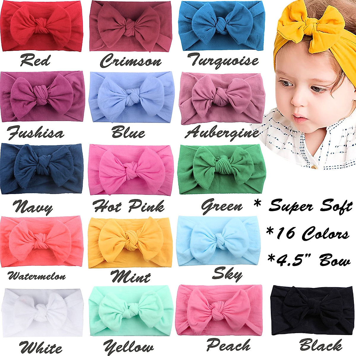 JOYOYO 16 Colors Soft Wide Turban Baby Headbands with 4.5 inches Hair Bow Headwraps for Baby Girls Infants Newborn Hair Accessories Toddlers Kids and Children