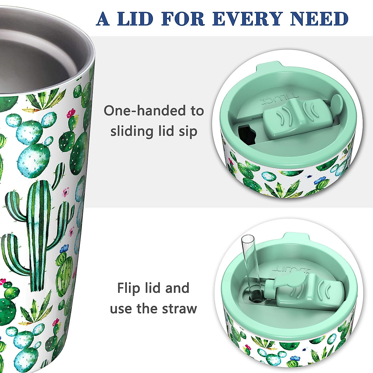 TILUCK 20oz Coffee Tumbler with Lid and Straw, Stainless Steel Double Wall Vacuum Insulated Travel Mug, Coffee Tumbler Water Cup with Leak Proof Lid (Cactus)