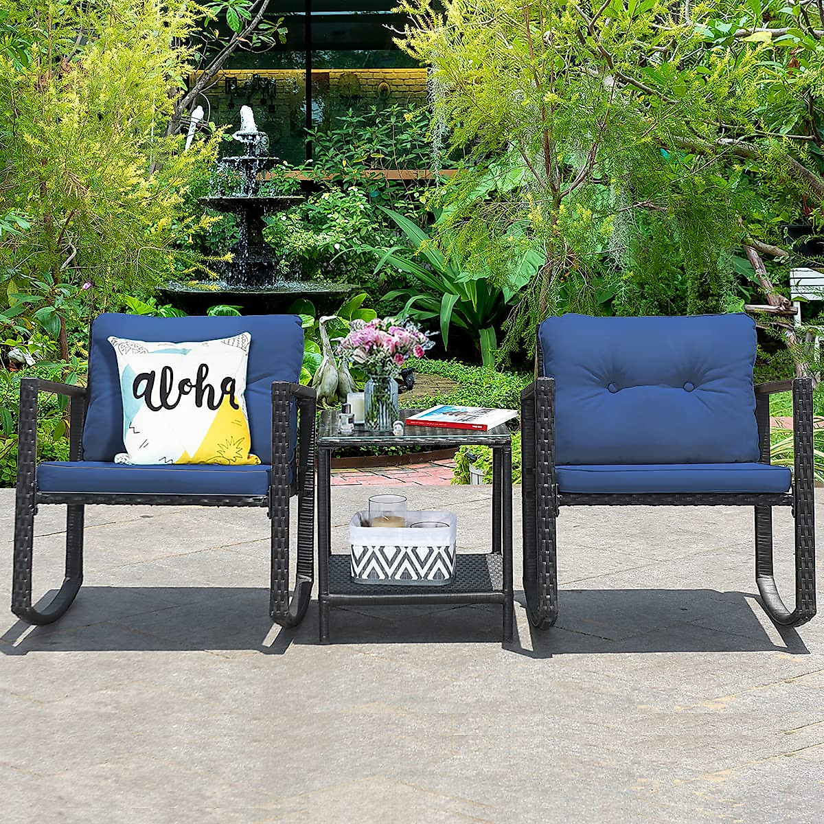 Tangkula 3 Pieces Patio Wicker Rocking Bistro Set, Outdoor Rocking Chair Furniture Set w/Cushioned Seat, Conversation Set w/Glass Coffee Table and Storage Shelf (Navy Blue)