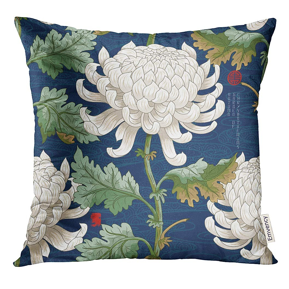 Golee Throw Pillow Cover Blue Oriental with Japanese Chrysanthemums Inscription Autumn Garden of Green Asian Decorative Pillow Case Home Decor Square 16x16 Inches Pillowcase