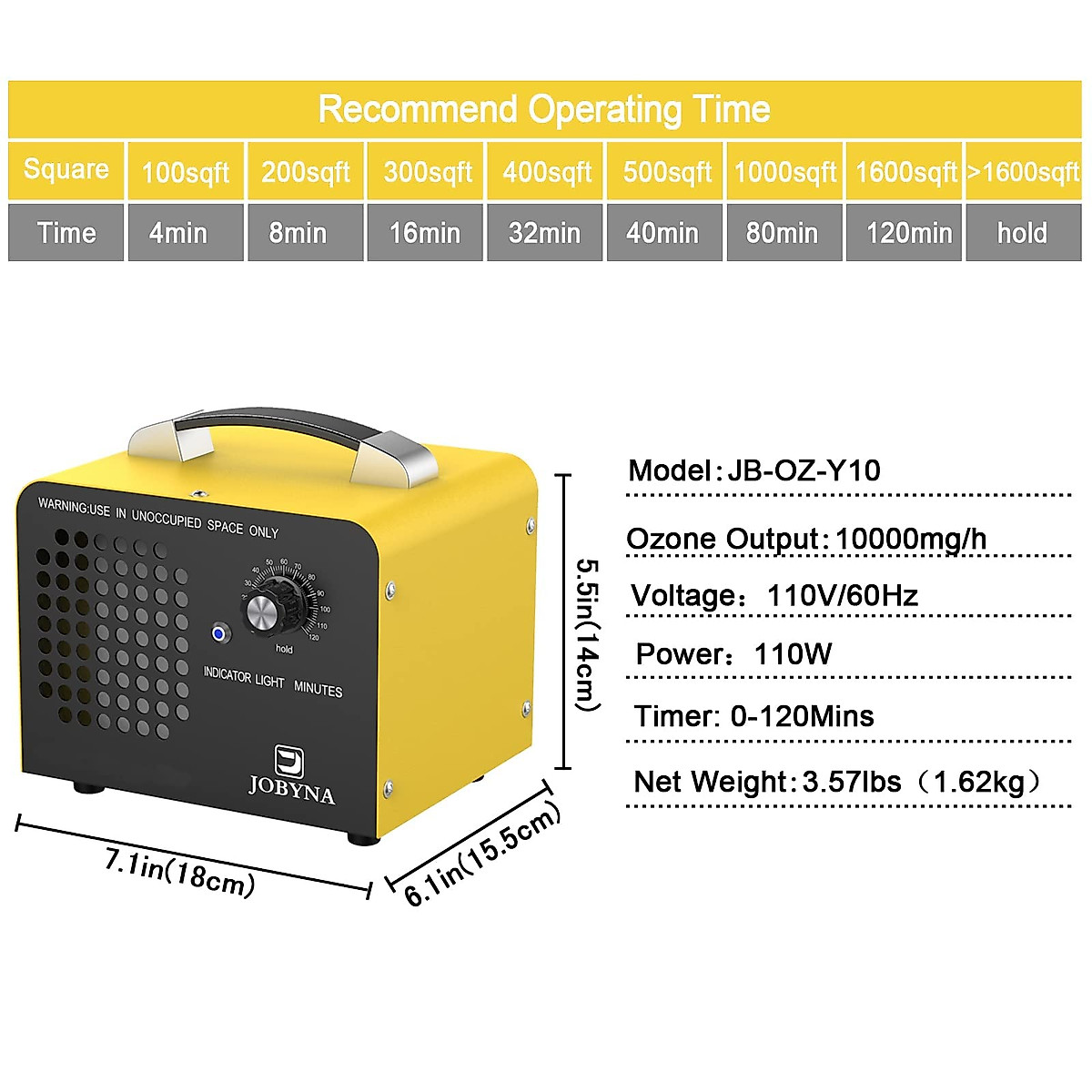 JOBYNA Ozone Generator, 10,000mg/h Remote Control Timing Ozone Machine, High Capacity Industrial/Commercial/Home Ozone Generator for Rooms, Smoke, Cars (Include Batteries)