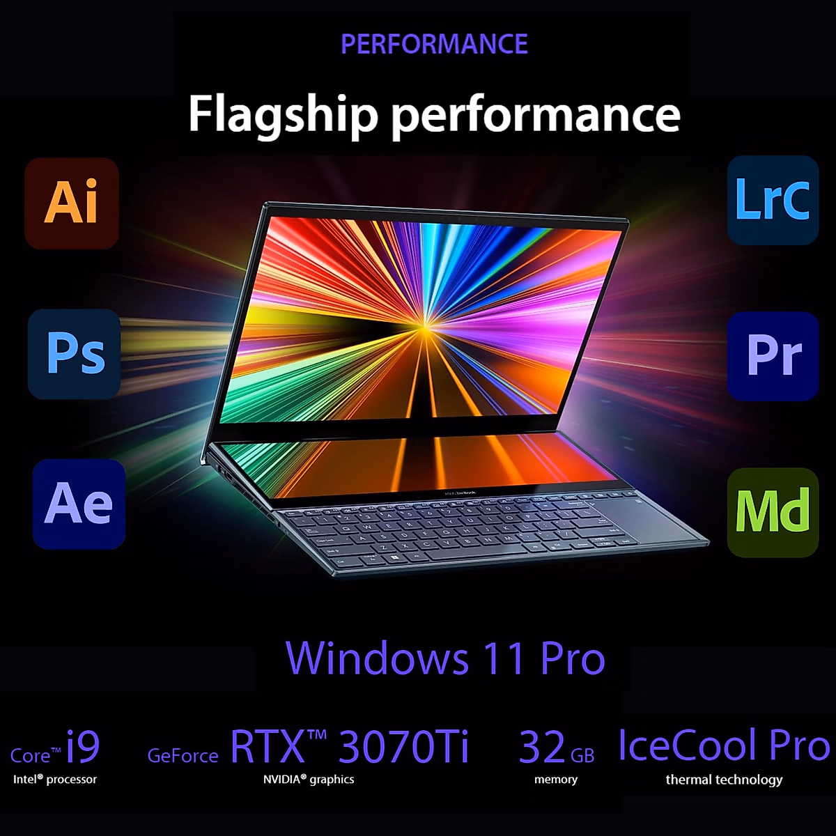 ASUS Zenbook Pro Duo 15 OLED Laptop, Intel Core i9-12900H, GeForce RTX 3070 Ti, 15.6" 4K UHD Touchscreen, 32GB LPDDR5 RAM, 1TB SSD, ScreenPad Plus, Pen, Wi-Fi 6, IR Camera, Win 11 Pro, Celestial Blue