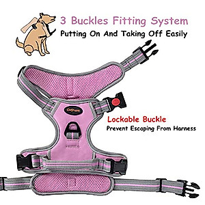 Coohom No Pull Dog Harness with Handle and Two Leash Attachments,Adjustable Outdoor Pet Harness with Reflective Oxford Material for Small Medium Large Dogs (L, Pink 3 Buckles)