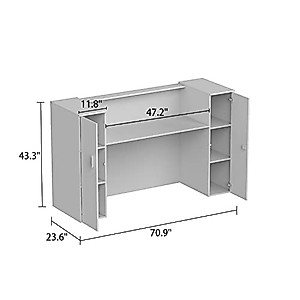 Homsee Modern Reception Desk Counter with 2 Lockable Doors & 6 Storage Compartments, Office Wooden Computer Desk with 2 Cabinets & Adjustable Shelves, White and Brown (70.9”L x 23.6”W x 43.3”H)