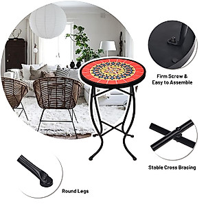 Elevon Outdoor Side Table Mosaic Patio Table, 21” Accent Table Round End Table with 14” Ceramic Table Top, Outdoor Patio Furniture Balcony Table for Garden Backyard Pool Porch Bistro, Plant Stand