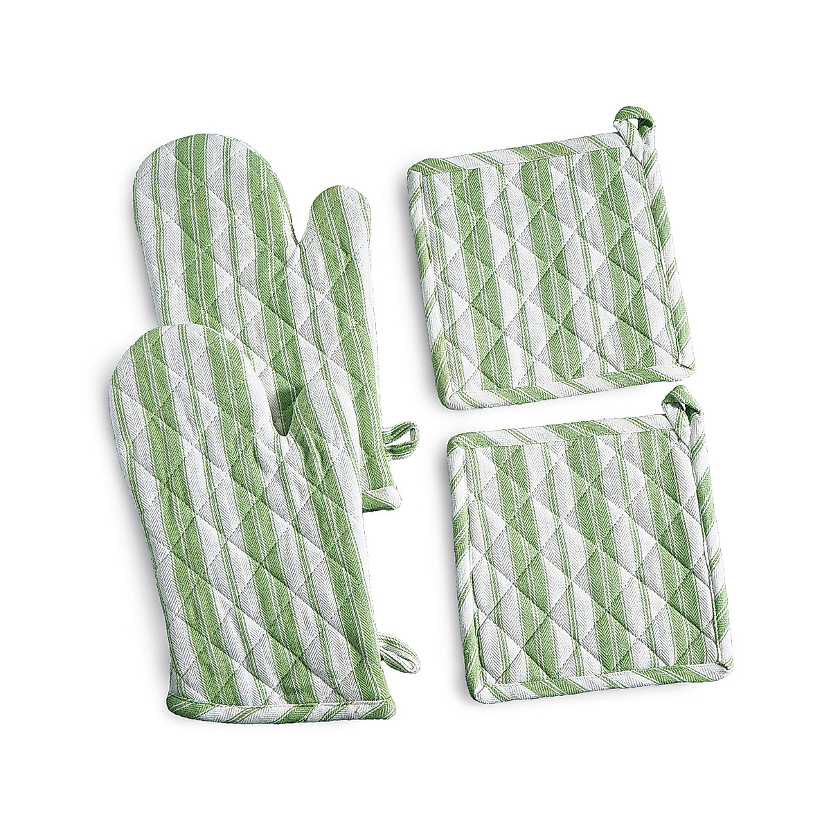 Oven Mitts & Potholder Set - Durable Heat Resistant Gloves - Thick Mittens for Kitchen - Suitable for Cooking, Baking, Grilling – BBQ - 2 Oven Mitts & 2 Potholders – Grass Green Stripes - Casa De Lan