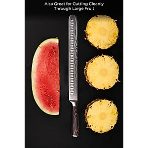 SENKEN 12" Brisket Knife with Engraved Damascus Pattern - Ultra Sharp Slicing Carving Knife for Brisket, Meat, Roasts, and Large Fruit - High Carbon Stainless Steel with Smoothly Finished Wood Handle