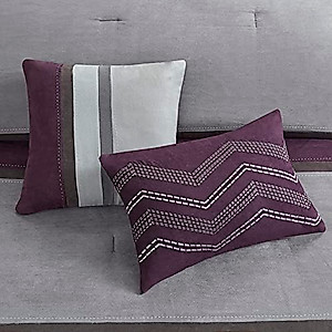 Madison Park Palisades Comforter Set Modern Faux Suede Pieced Stripe Design, All Season Down Alternative Cozy Bedding with Matching Shams, Decorative Pillows, Queen(90"x90"), Purple 7 Piece
