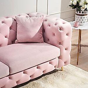 Homtique Mid-Century Modern Sofa Couch, 79 Inch Long Couch Comfy Upholstered Sofa with 2 Pillows Button Tufted Velvet High Armrest and Golden Legs Decor for Living Room, Bedroom, Apartment (Pink)