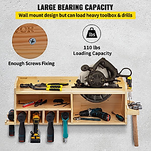 VEVOR Power Tool Organizer, Wall Mount Drill Holder, 4 Drill Hanging Slots Drill Charging Station, 3-Shelf Cordless Drill Storage, Polished Wooden Toolbox for Saw, Impact Wrench, Screwdriver Drill