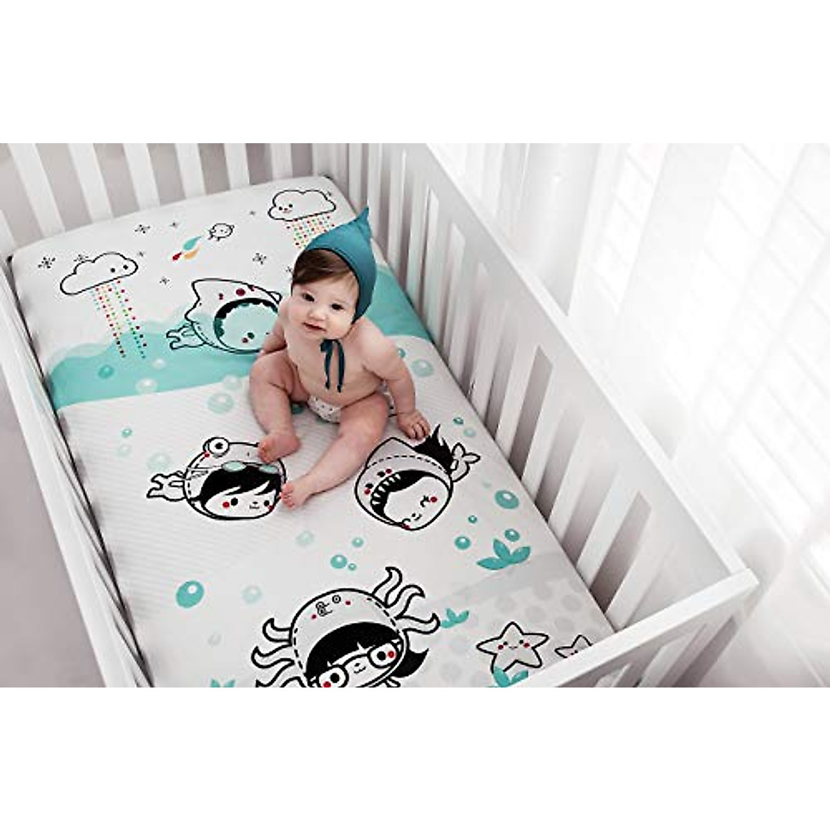 Rookie Humans 100% Cotton Sateen Fitted Crib Sheet: Dive in, Modern Nursery, Use as a Photo Background for Your Baby Pictures. Standard Crib Size (52 x 28 inches)