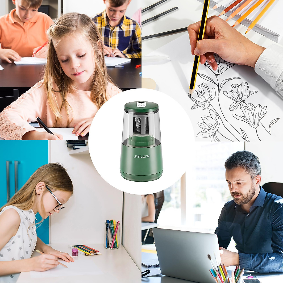 JARLINK Electric Pencil Sharpener, Heavy-Duty Helical Blade to Fast Sharpen, Auto Stop for No.2/Colored Pencils(6-8mm), USB/Battery Operated in School Classroom/Office/Home (Green)