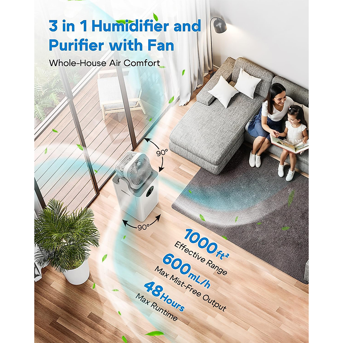 YOKEKON Humidifier and Purifier in One - Purifier and Humidifier Combo with Oscillating Fan, Evaporative Large Room Humidifier for Bedroom, Sleep Mode, Timer, Baby Adults Office Yoga Plants, White, 4L