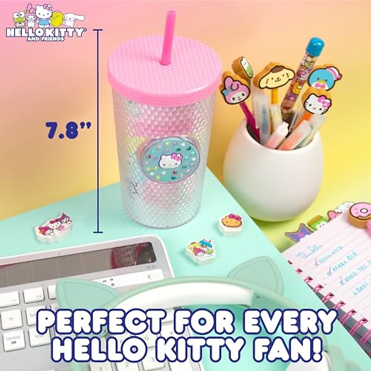 Hello Kitty And Friends Glitzy Pop Sparkling Tumbler, 15oz Hello Kitty Tumbler, Cute Hello Kitty Water Bottle Kids Adults, Hello Kitty Water Bottle With Straw, Pink Hello Kitty Water Bottle for School