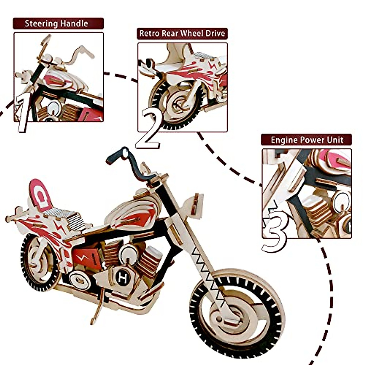 3D Wooden Puzzle - Motorcycle Wooden Crafts Assembly Building Model - Mechanical Car Model Kits - Wood DIY Brain Teaser Puzzle for Adults and Teens Boys Girls (Motorcycle)