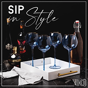 Vikko Wine Glasses, 17 Ounce Blue Wine Glass with Gold Rim, Set of 4 Stemmed Wine Glasses for Red and White Wine, Colored Wine Glasses, Glasses for Wine