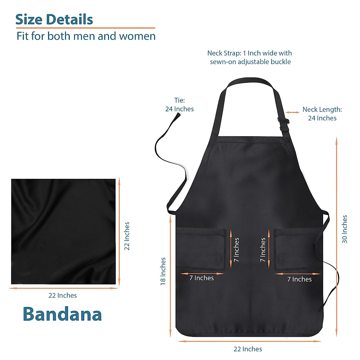 Premium Adjustable Cotton Chef Aprons with 2 Pockets and Bandana, 2 Pack, Kitchen Apron for Women and Men (Black)