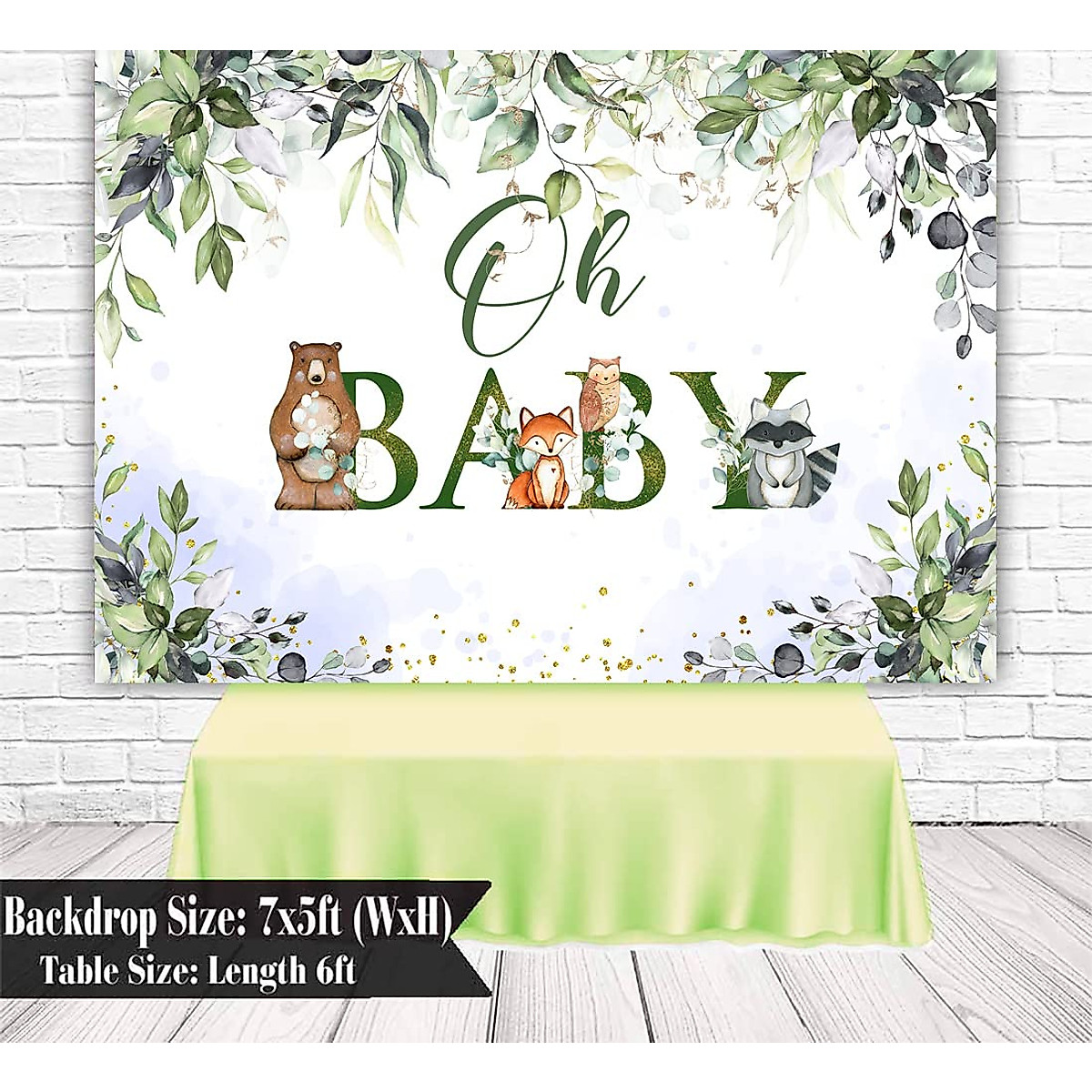 Sensfun Woodland Baby Shower Backdrop Oh Baby Greenery Forest Jungle Animals Photography Background Woodland Creatures Baby Shower Party Banner Decorations (7x5ft)