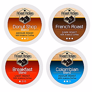 Roast Ridge Single Serve Coffee Pods for Keurig K-Cup Brewers, Variety Pack, Light Roast, Medium Roast, Dark Roast, 100 Count (25 each: Breakfast Blend, Donut Shop, French Roast, Colombian)