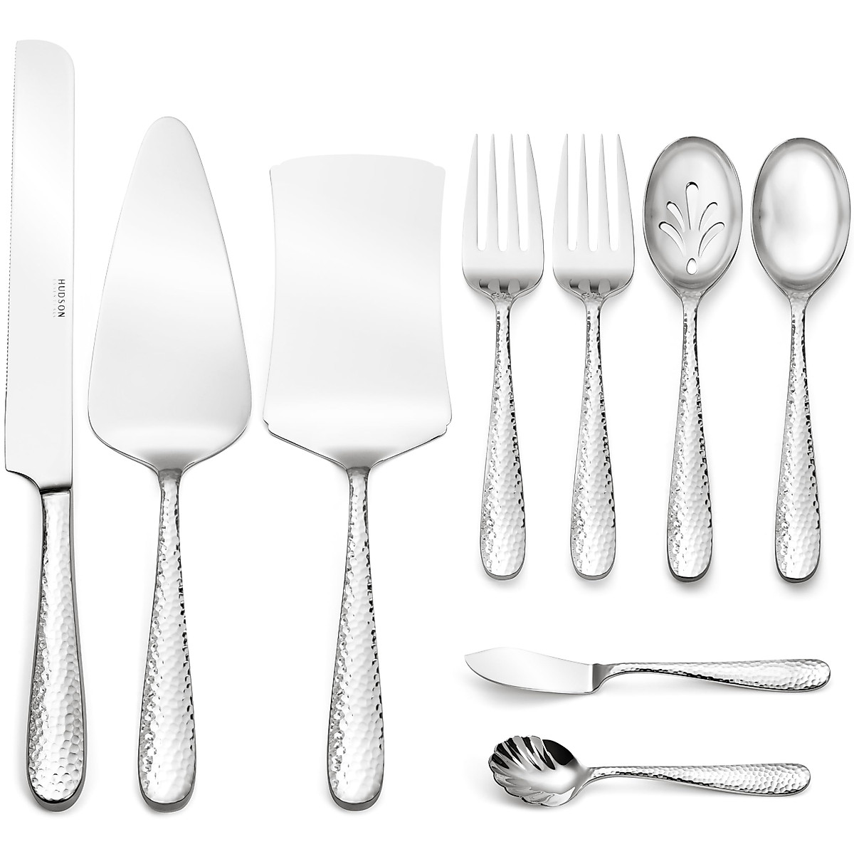 Hudson Essentials 9-Piece Bergamo Hammered 18/10 Stainless Steel Hostess Serving Utensil Set - Flatware Silverware with Wedding Cake Knife & Cake Server - Perfect for Weddings, Engagements and Parties
