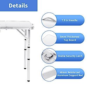 Moosinily Small Folding Table 2FT Foldable Camping Table Portable Picnic Table Metal 4 Height Adjustable Outdoor for Beach BBQ White 23.6×15.7 inch