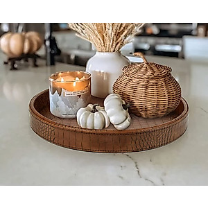 HofferRuffer Faux Leather Round Serving Tray, Vegan Croco Leather Decorative Tray, Food Tray for Storage Drinks, Snack & Cosmetics, Dia.12'' x 1.6'' (Antique Brown)