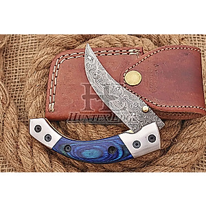 HUNTEX Handmade Hand-Forged Rain Drop Pattern Damascus Steel 4 Inch Long Pakka Wood Handle Razor Sharp Hunting Camping Trailing Pocket Knife w/Pocket Clip & Genuine Leather Pouch
