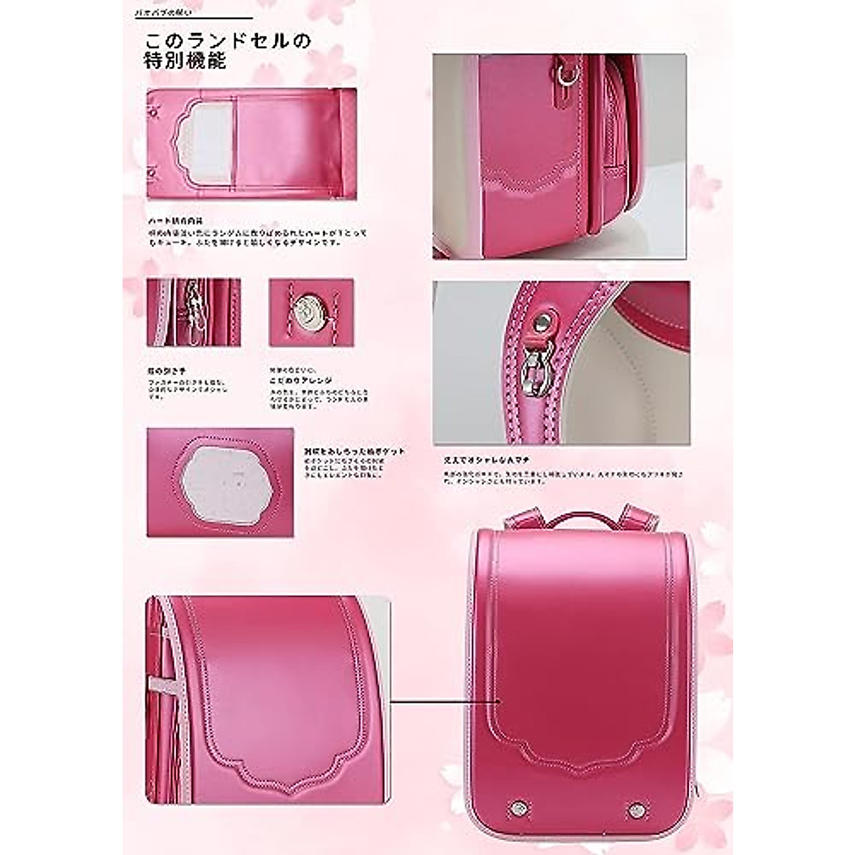 Ransel Randoseru Semi-Automatic Backpack Japanese School Bags for Kids Girls Senior PU Leather Large Capacity Light Weight Rain Cover（Pink）