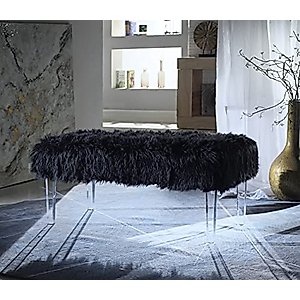 Iconic Home Trento Modern Contemporary Faux Fur Acrylic Leg Bench, Black