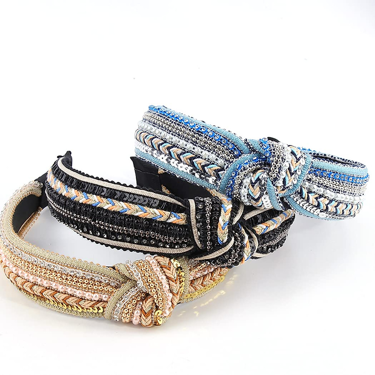 TOBATOBA Knotted Boho Headbands for Women, 3 Pack Beaded Headbands Knot Headband, Diademas Para Mujer De Moda, Womens Crystal Pearl Headbands, Wide Turban Headbands No Slip Fashion for Women