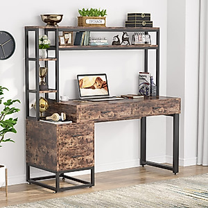 Tribesigns 55 Inch Computer Office Desk with 4 Drawers and Storage Shelf, Industrial Study Writing Table Workstation with Hutch and Bookshelf for Home Office (Brown)