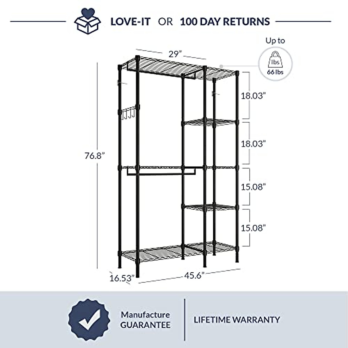 BELLEZE Garment Rack for Hanging Clothes, Clothes Rack with Adjustable Shelf, Freestanding Clothing Rack Closet Organizer Rack with 2 Pairs Side Hooks, Heavy Duty Closet Wardrobe for Bedroom, Black