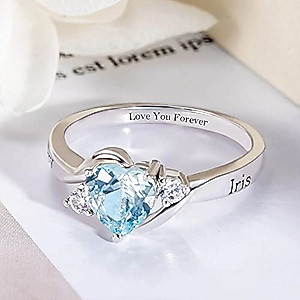Custom Sterling Silver Promise Ring for Women Heart Shaped Stone Engagement Ring for Her Personalized Engraved Bridal Ring with Heart Simulated Birthstone Wedding Statement Engagement Ring