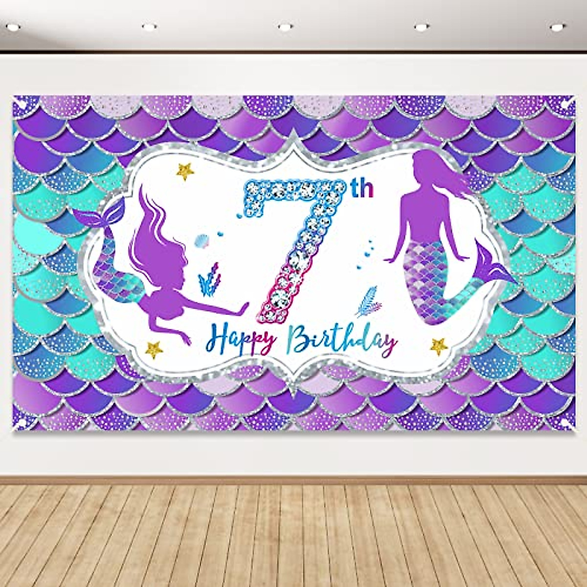 Mermaid 7th Birthday Banner Decorations for Girls, Little Mermaid Themed Happy 7 Year Old Birthday Background Party Supplies, Under The Sea 7 Bday Sign Decor for Outdoor Indoor