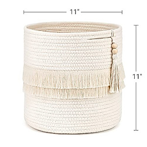 Dahey Macrame Decorative Cotton Rope Storage Basket Boho Nursery Decor Small Cute Woven Tassel Storage Bins Organizer with Wooden Bead for Baby Toys,blanket, Magazines, Living Room,Bedroom, 11"x11"