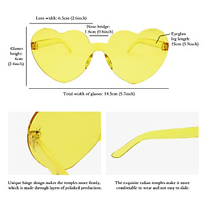 JFTOWN 12 Pairs Heart Shape Rimless Valentines Sunglasses Candy Color Frameless One Piece Love Glasses for Women Party Favor (Yellow)