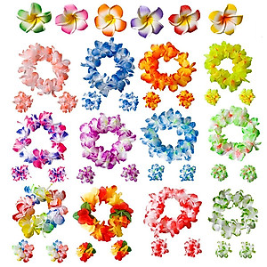 50 PCS Soft Hawaiian Leis Luau Party Decorations Tropical Favors Lei Flower Hair Clip,Headbands and Wristbands Perfect for Your Hawaii Luaus Party.