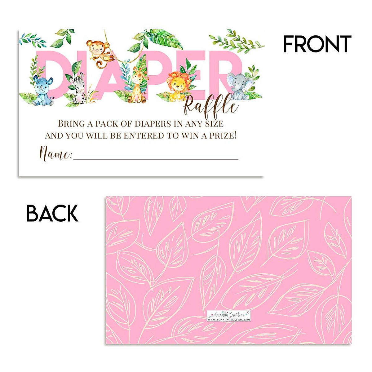 Watercolor Jungle Animals Diaper Raffle Tickets for Girl Baby Showers, 20 2" X 3” Double Sided Insert Cards for Games by AmandaCreation, Bring a Pack of Diapers to Win Favors & Prizes!