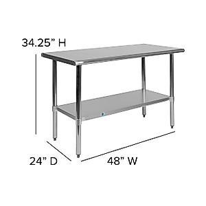 Flash Furniture Rawcliffe NSF Certified Stainless Steel Kitchen Prep and Work Table, Commercial Work Table with Storage, 48"W x 24"D x 34.5"H, Silver