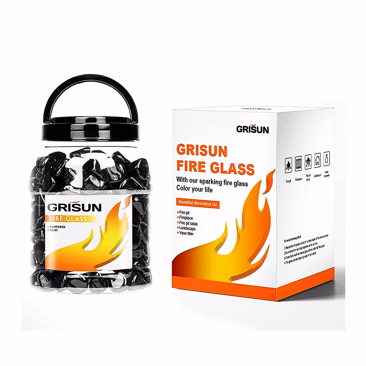 GRISUN Onyx Black Fire Glass Diamonds for Fire Pit, 1 Inch High Luster Reflective Tempered Glass Rocks for Natural or Propane Fireplace, Safe for Outdoors and Indoors Firepit Glass, 10 Pounds