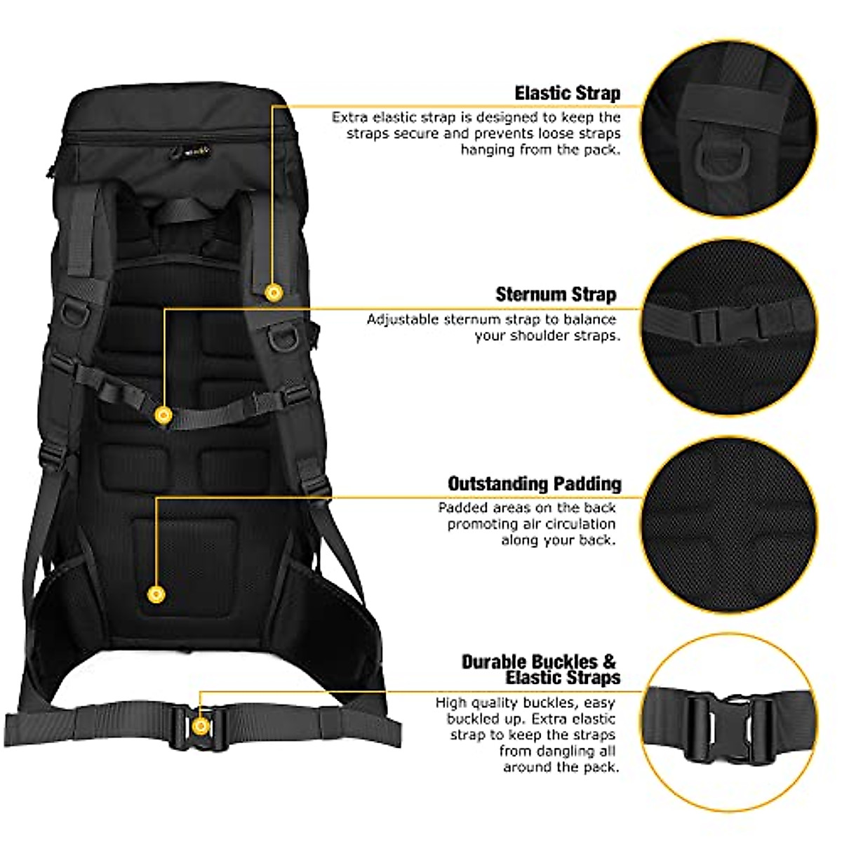 Mardingtop 50 Liter Internal Frame Backpack with Rain Cover for Military Camping Hiking Traveling Black-M5973